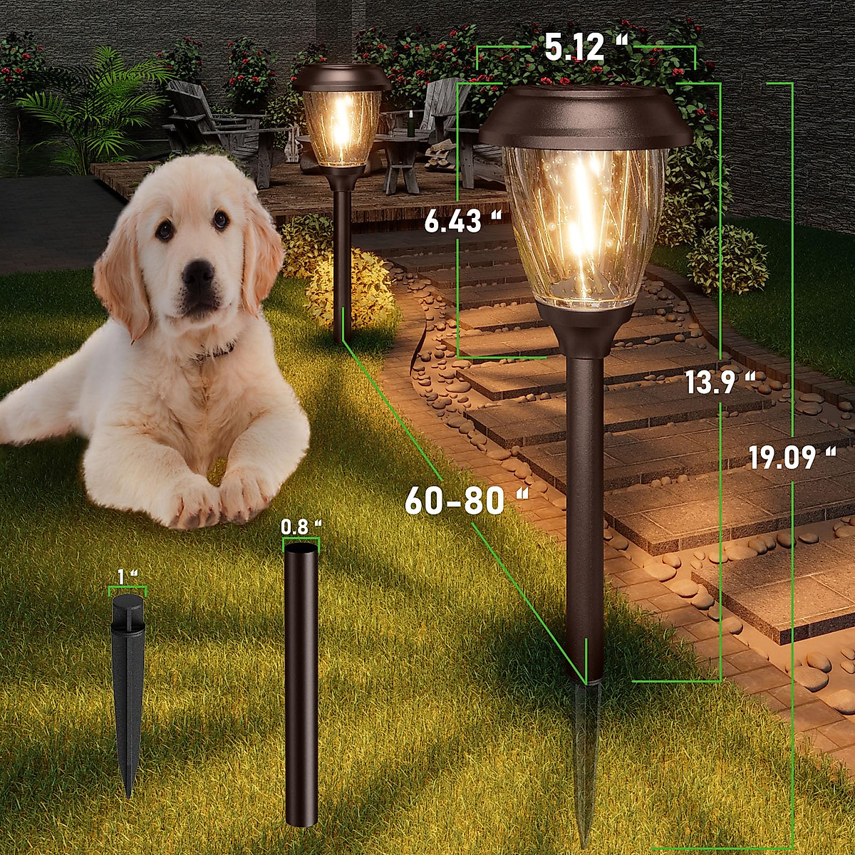XMCOSY+ Solar Lights Pathway Outdoor - 2 LED Modes 10/25 LM Solar Powered Yard Garden Lighting, Waterproof IP65 Glass Stainless Steel Landscape Lights for Driveway Walkway Sidewalk Decor (Warm White)
