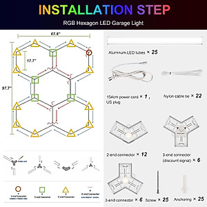 GELTTULU Hexagon LED Lights,25 Pack LED Hexagon Garage Light RGB, LED Garage Lights with Color Changing Bright Lighting Car Detailing LED Shop Light Hexagon for Garage Basement Gym Bar...