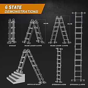 Soctone Ladder, A Frame 4 Step Extension Ladder, 14 Ft with Multi Position & Removable Tool Tray with Stabilizer Bar, 330 lbs Weight Rating Telescoping Ladder for Household or Outdoor Work