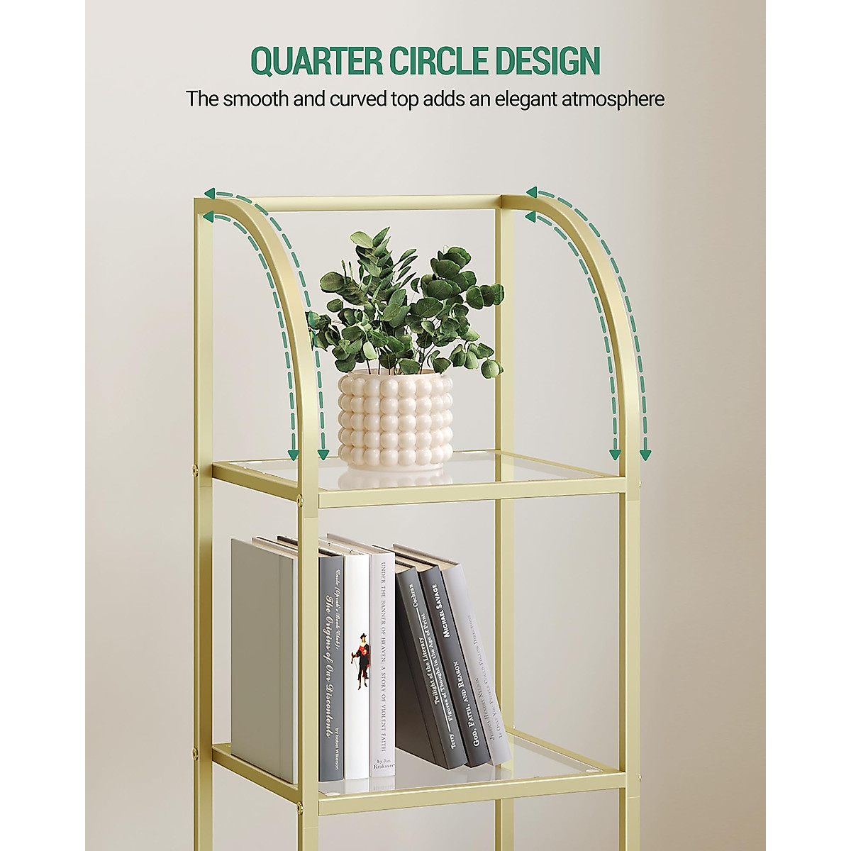 Hzuaneri Bookcase Bookshelf, Tempered Glass Arched Bookshelf for More Storage, Slim Shelving Unit for Bedroom, Bathroom, Home Office, Steel Frame, 6 Tier Gold BC20699G