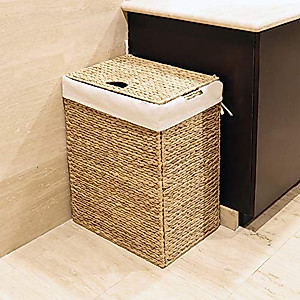 Seville Classics Premium Hand Woven Portable Laundry Bin Basket with Built-in Handles, Household Storage for Clothes, Linens, Sheets, Toys, Water Hyacinth, Rectangular Hamper