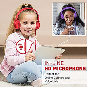 rockpapa 950 Headphones with Microphone for Kids for School Computer, On-Ear Headphones Wired Foldable for Boys chilrens Girls Teens Students Youth Adult Black Red