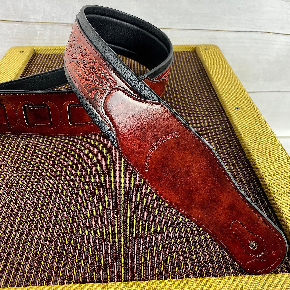 Walker & Williams GB-106 Bourbon Red Brushed Finish Guitar Strap With Padded Glove Leather Back And Classic Live Oak Pattern For Acoustic, Electric, And Bass Guitars