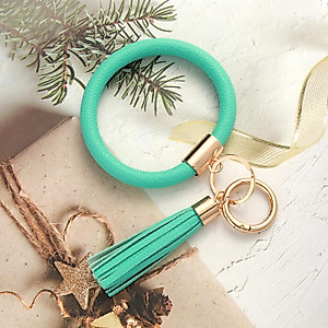 Coolcos Key Ring Bracelets Wristlet Keychain Bangle Keyring - Large Circle Leather Tassel Bracelet Holder For Women Gift(Turquoise Blue)