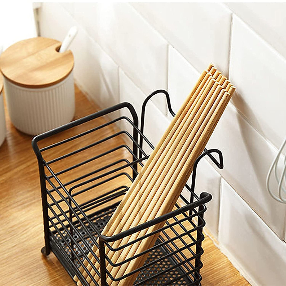 ceramic Utensil Caddy Iron Chopsticks Holder， Hanging Cutlery Drying Basket Draining Chopsticks Rack， Tableware Organizer Pen Holder chopstick holder (Color : Black)