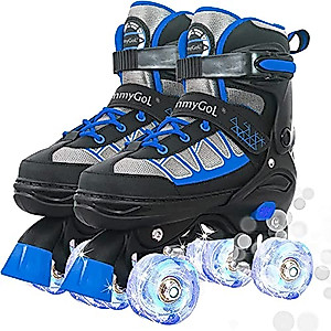 MammyGol Roller Skates for Kids Boys Girls, Adjustable Quad Skates with Light Up Wheels for Toddler Little Kids Ages 6-12 Size 1 2 3 4, Beginners Outdoor Sports, Blue