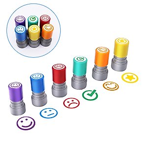 6pcs Rubber Teacher Stamps for Grading, Self-inking, Office Stationery Stamps, Vibrant Colors, Best Homework Stamps, Encouraging Classroom Comments(Smiley stamps)