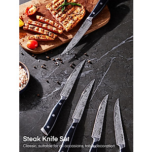 Aiheal Steak Knives Set of 8 with Beech Knife Block, 4.5 Inch Steak Knives with Unique Damascus Pattern, Non Serrated Stainless Steel Steak Knife Set, Full Tang Handle Design for Kitchen Dinner
