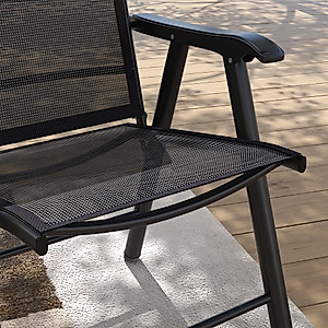 Outsunny Set of 4 Patio Folding Chairs, Stackable Outdoor Sling Patio Dining Chairs with Armrests for Lawn, Camping, Dining, Beach, Metal Frame, No Assembly, Black