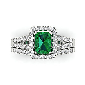 Clara Pucci 1.7 ct Emerald Cut Halo Solitaire Simulated Emerald Designer Art Deco Statement Wedding Ring Band Set 18K White Gold 8