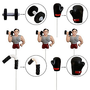 Ercadio 5 Pack Resin 3D Weight Lifting Workout Cake Toppers with Barbell Boxing Gloves Nunchaku Cake Picks Bodybuilding Cake Decor Fitness Gym Theme Cake Toppers for Birthday Party Supplies