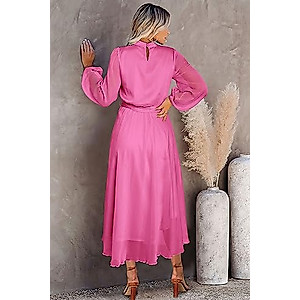 Dokotoo Womens Fall Cocktail Dresses for Women 2023 Long Puff Sleeve Tie Waist Mock Neck High Waist A-Line Casual Birthday Evening Party Formal Midi Dress Pink X-Large