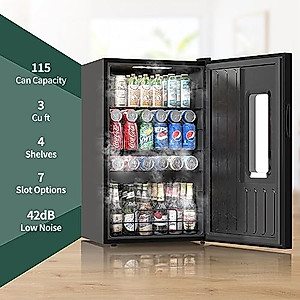 JINJUNYE Beverage Refrigerator and Cooler, 115 Can Beverage Fridge, Cools to 21°F, Mini Fridge Freestanding Beverage for Beverage, Beer Wine, Juice, for Bedroom Bar Office 3 Cu.ft
