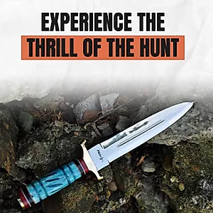 Perkin Hunting Knife - 13” Double Edge Knife - Handmade Knife With Leather Sheath - 440C Razor Sharp Steel Spear Point Blade with Colored Bone Handle for Camping, Tactical, and Survival