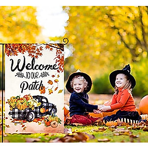 Unves Fall Garden Flag 12.5x18 Double Sided , Fall Porch Decor Burlap Pumpkin with Maple Leaves Welcome to Our Patch, Small Fall Yard Flag for Outside House Harvest Autumn Thanksgiving Decorations