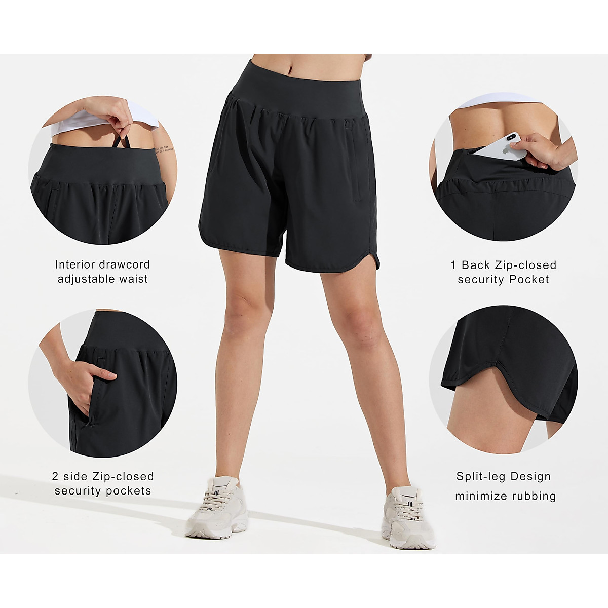 Libin Women's 7" Athletic Running Long Shorts with Liner High Waist Quick Dry Gym Workout Sports Shorts with Zipper Pockets, Black XXL