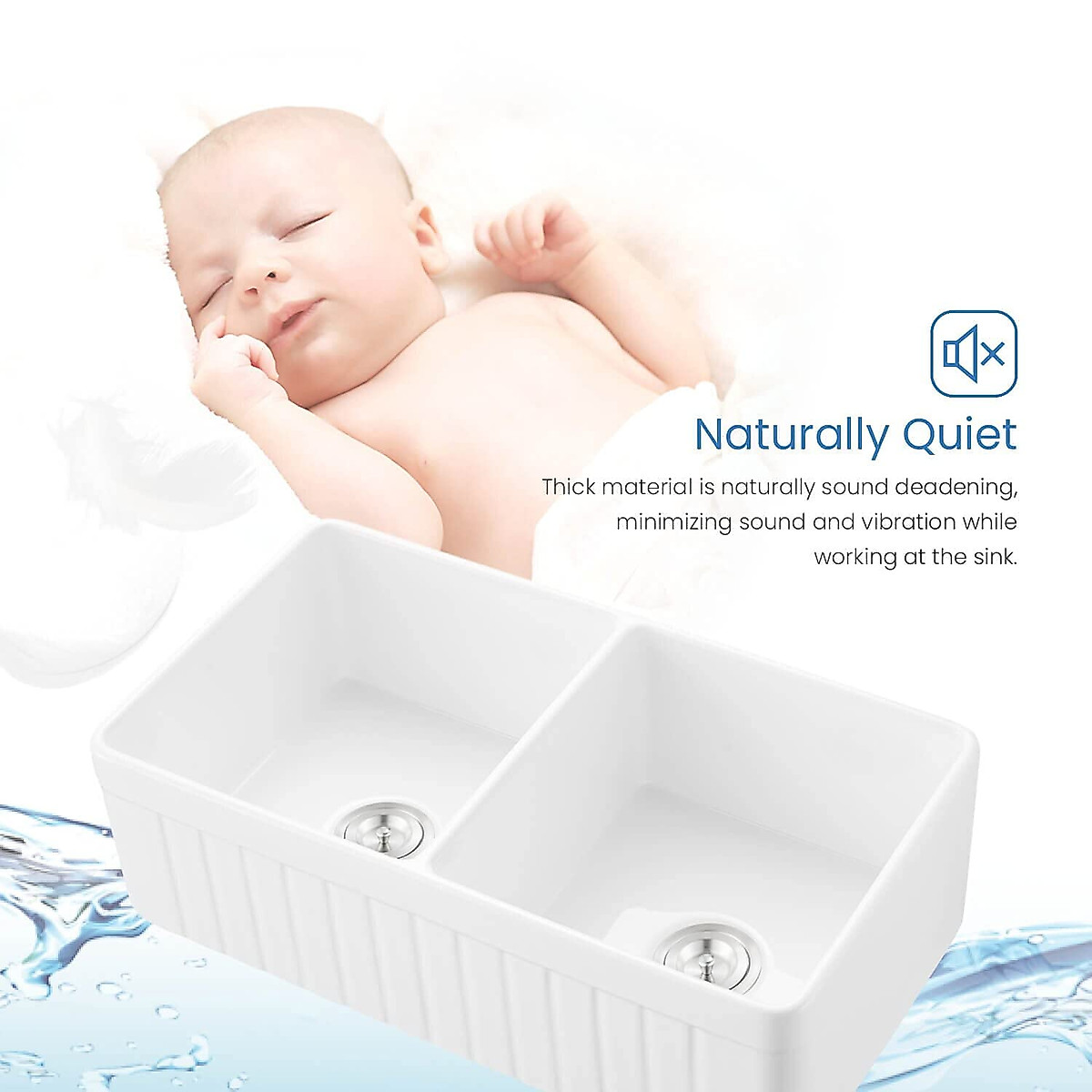 Double Bowl Kitchen Sinks, HOROW 33 inch White Kitchen Sink 50/50 Apron Front Ceramic Fireclay Farmhouse Sink, 33"W x 18"D x 10"H