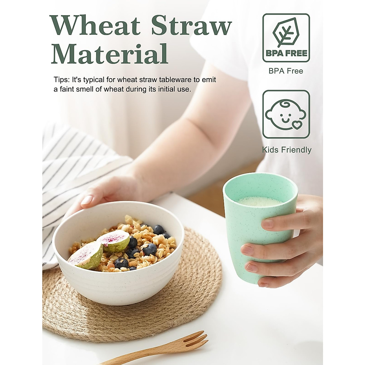 GENLGE Plastic Drinking Cups Reusable 12 OZ, Wheat Straw Cups Unbreakable Cups for Kitchen - BPA Free Cups Dishwasher Safe Plastic Tumbler Cups Set of 8