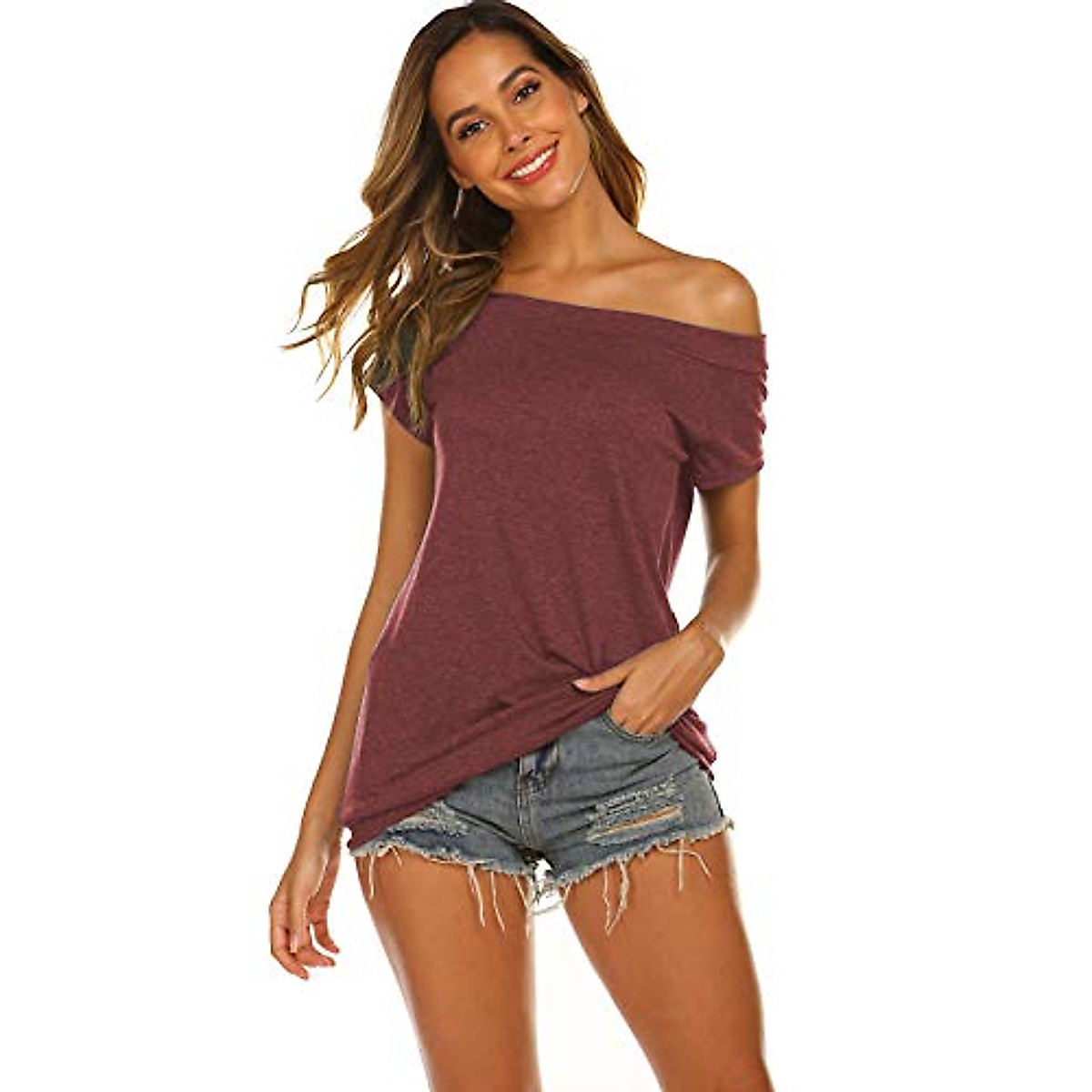 Tops for Women Off Shoulder Casual Summer Oversized Baggy Shirts Wine Red XL