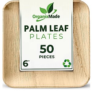 Organix Made - Disposable Palm Leaf Bamboo Plates, 6 Inch Square (50 Plates) - Appetizer and Dessert Dinnerware Plates - Biodegradable, Compostable, & Eco-Friendly Plates - Light & Sturdy