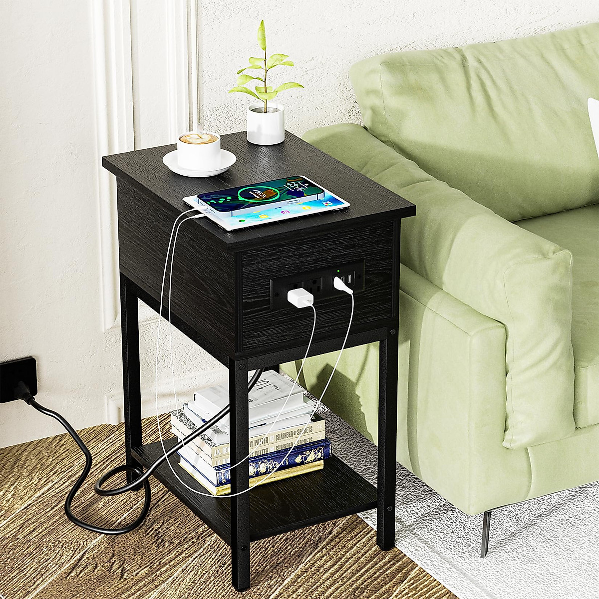 SZLHANJZ Narrow Nightstand, Small End Table with Charging Station, Bedside Table with Storage and Shelf for Small Spaces, 2 Tier Side Table for Living Room Bedroom, Black