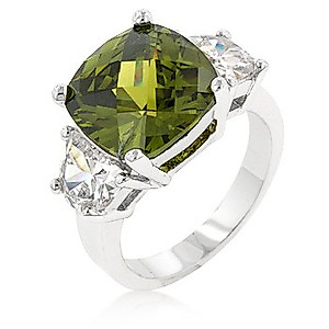 Kate Bissett Triplet Cocktail Ring with a Cushion Cut Olive CZ Center Stone and Shouldered Clear CZ Size 7