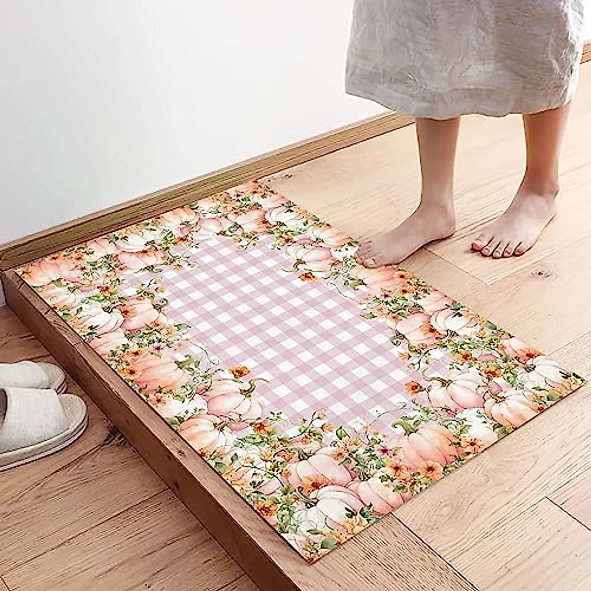Absorbent Door Mat, Non Slip Floor Mats Low-Profile Small Rugs for Entryway, Thanksgiving Pumpkin Fall Sunflower Pattern Front Indoor/Outdoor Doormat - Easy to Clean 16"x24"