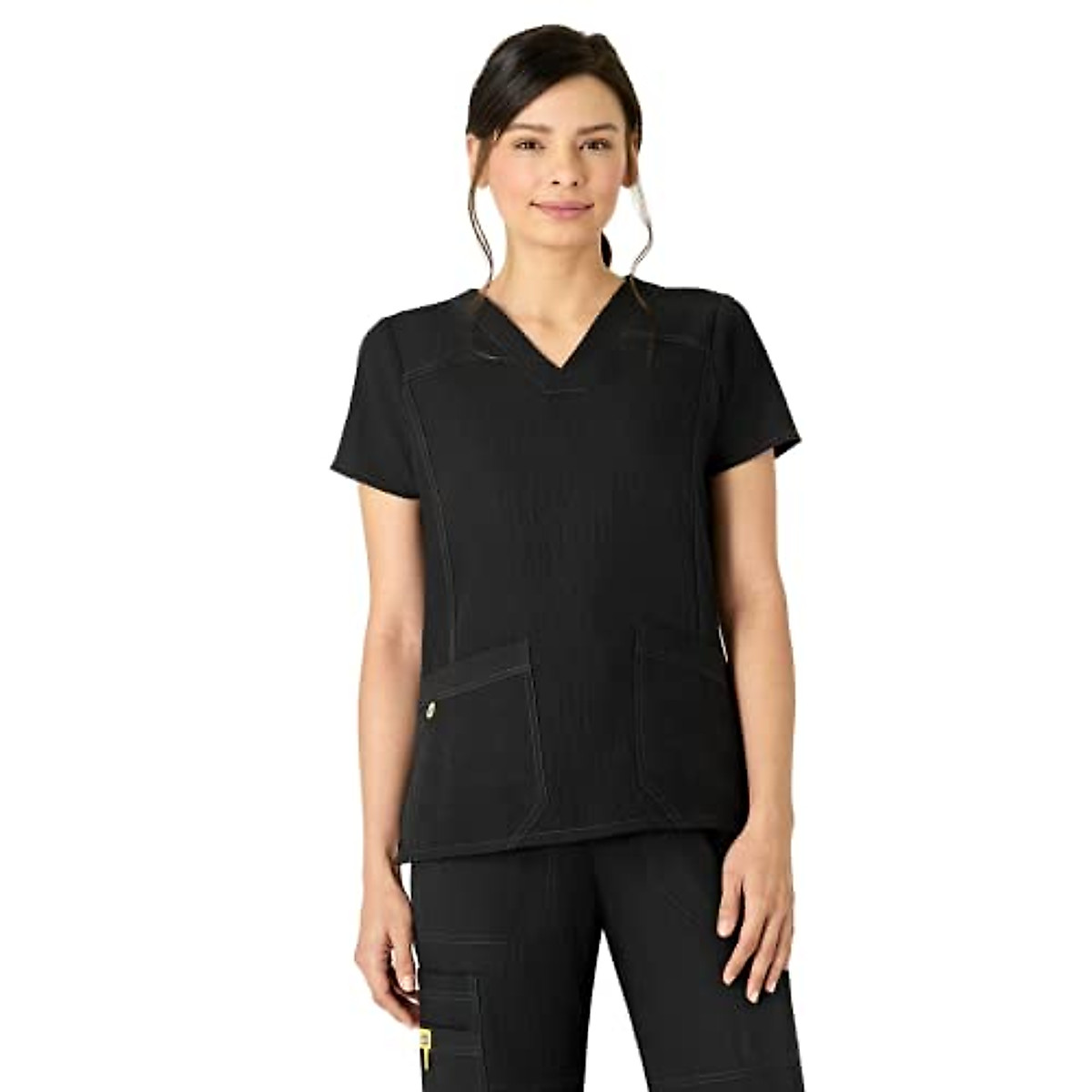 WonderWink Womens Four -Way Stretch Sporty V-Neck Top Medical Scrubs Shirts, Black, X-Large US