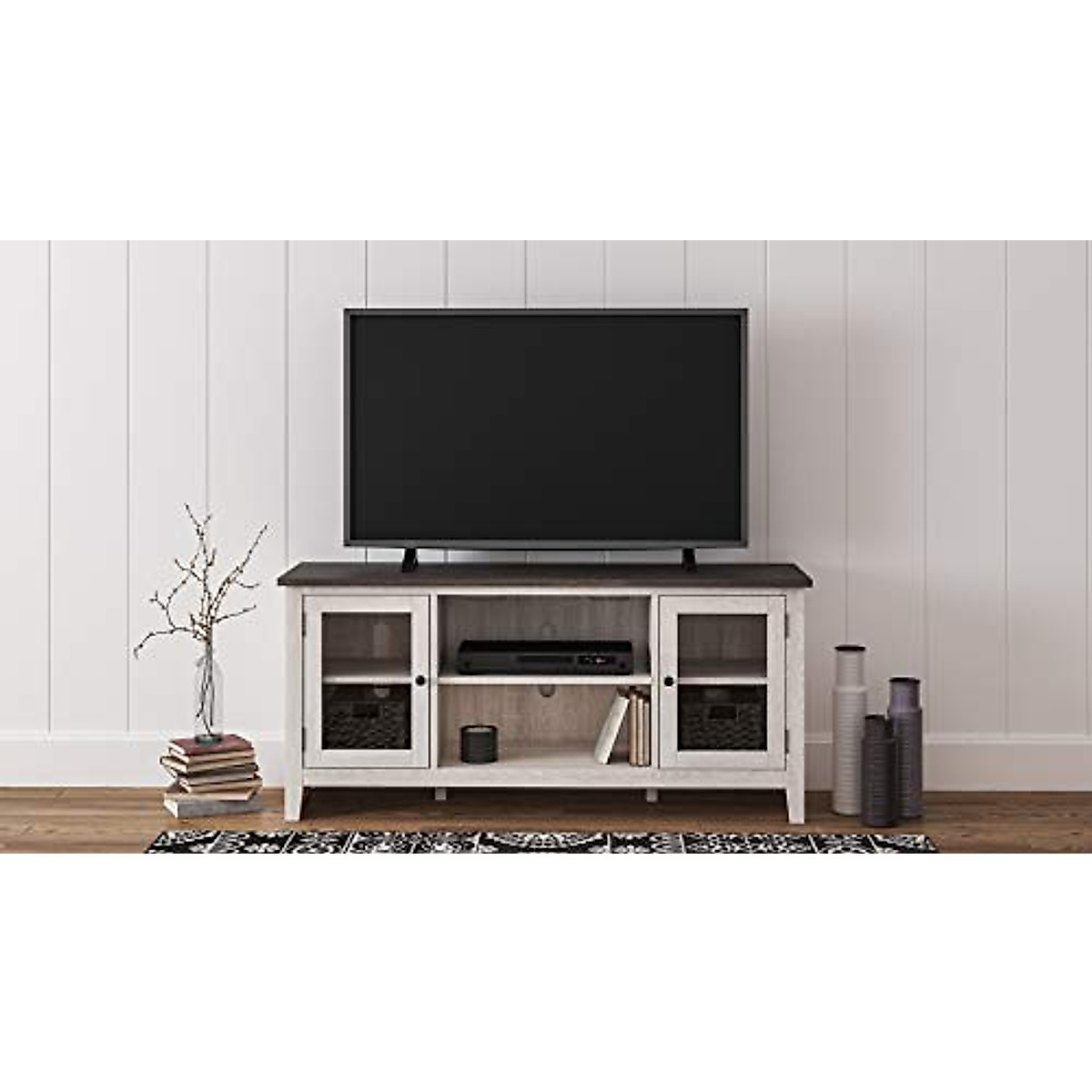 Signature Design by Ashley Dorrinson Farmhouse TV Stand with Fireplace Option, Fits TVs up to 58", Whitewash