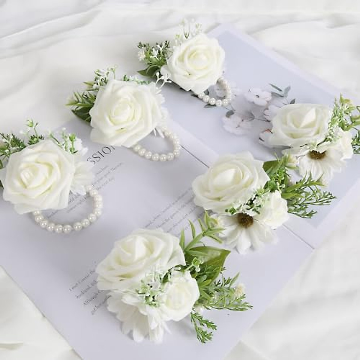 Jieowvhc Ivory White Rose Wrist Corsage for Wedding, Set of 6 Prom Flower Corsage Wristlet Wristband for Women Girls Bride Bridesmaid Artificial Rose Hand Flowers for Homecoming Ceremony Anniversary P