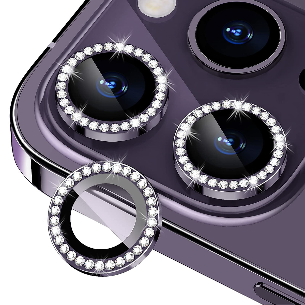 Xfilm for iPhone 14 Pro/iPhone 14 Pro Max Camera Lens Protector Bling, 9H Hardness Scratchproof Metal Individual Diamond Ring Protector, Stylish Accessories, Case Friendly (Deep Purple Diamond)