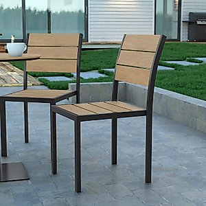 EMMA + OLIVER Fena Stacking Chair - Natural Faux Teak Poly Slats - Gray Metal Frame - for Indoor/Outdoor Use - Stacks up to 8 High