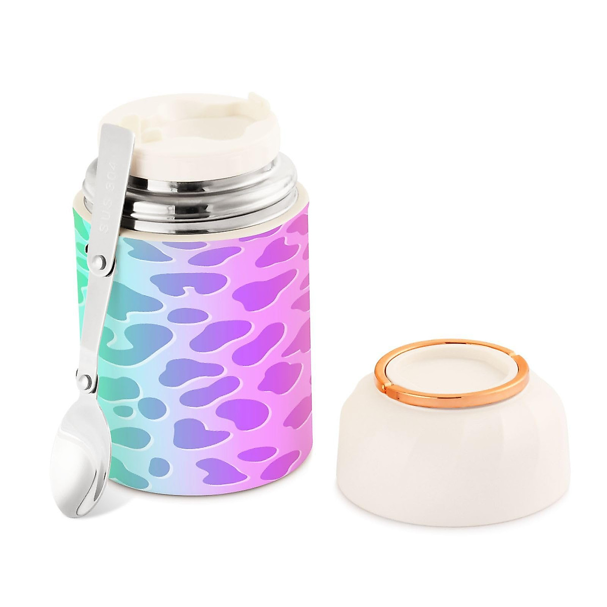 CUPADA Rainbow Leopard Skin Food Jar for Hot and Cold, Insulated Food Jars Vacuum 17OZ with Folding Spoon for Work Trip Picnic Camping