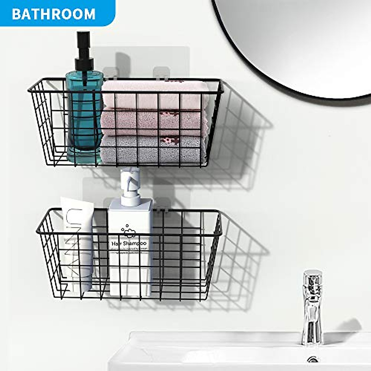 MaraFansie Hanging Kitchen Baskets Wire Storage Basket Adhesive Basket Over the Cabinet Door Organizer No Drilling, for Cabinet Pantry Organization and Kitchen, Bathroom, Storage, 2 Pack, Black