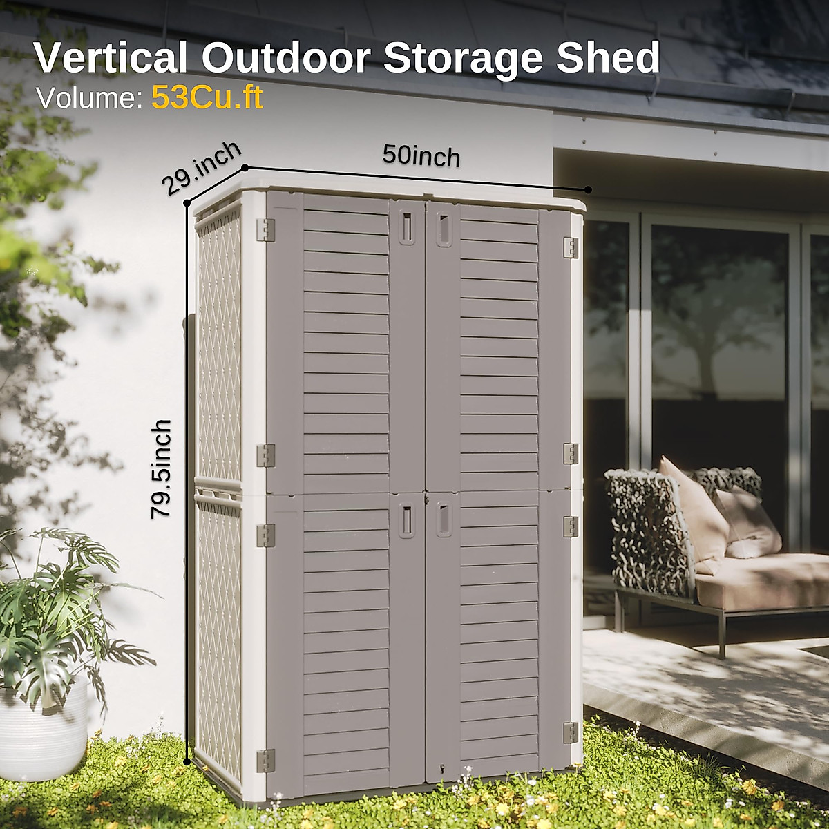 EAST OAK Outdoor Storage Shed, 53Cu.ft Vertical Resin Tool 4 x 6.6 FT Cabinet w/o Shelf for Garden, Patio, Backyard, All-Weather Outdoor Storage Clearance, Lockable with Floor