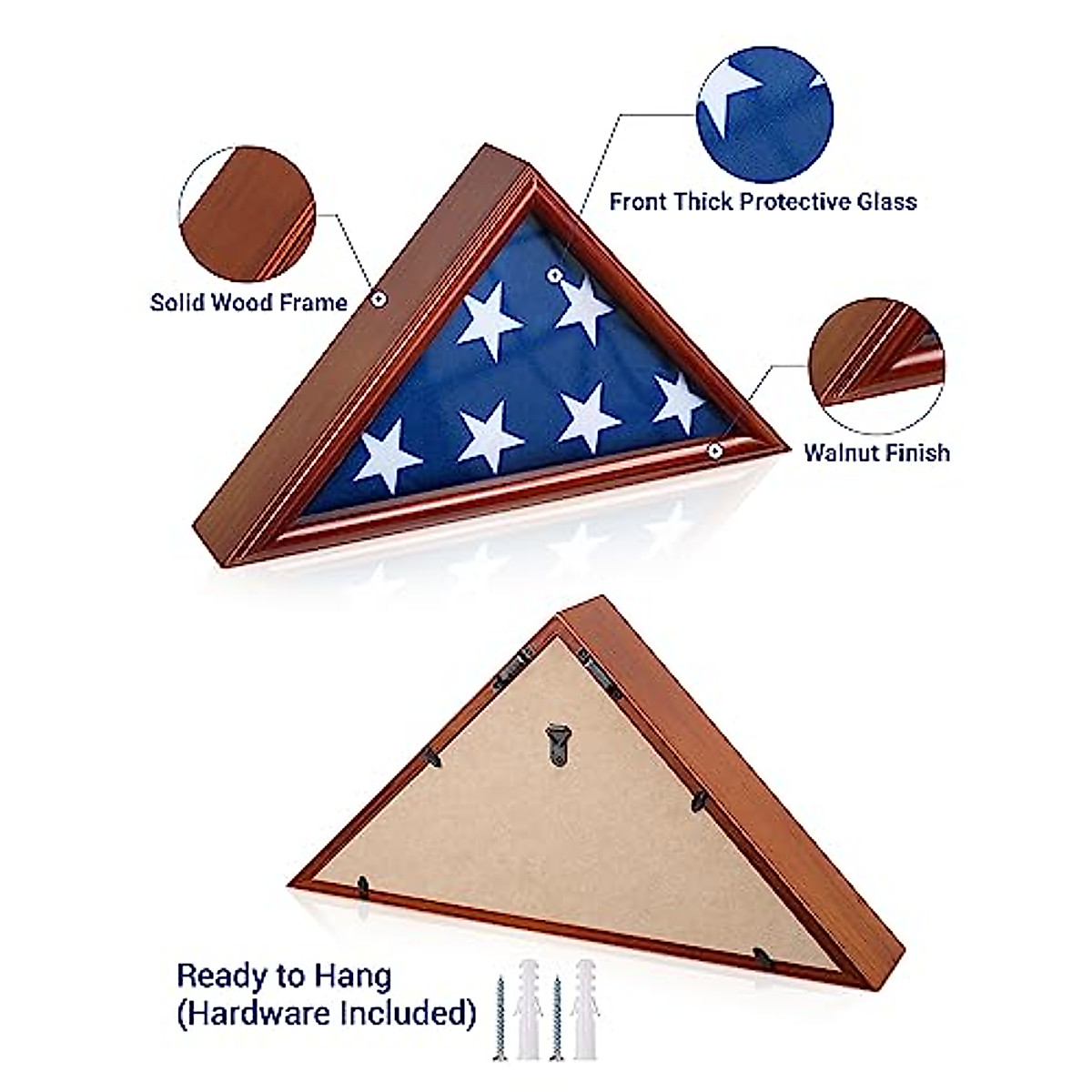 DecoWoodo Flag Box Display Case for 3'x5' Folded American Flag (Not for Burial Flag) - Wooden Military Veteran Flag Shadow Box with HD Tempered Glass, Wall Mounted Triangle Flag Frame, Brown