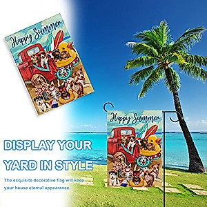 Covido Happy Summer Red Truck Coastal Decorative Garden Flag, Dogs Beach Yard Nautical Outside Decoration, Ocean Outdoor Small Burlap Home Decor Double Sided 12 x 18