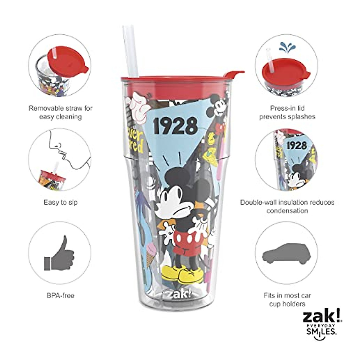 Zak Designs Disney Insulated Plastic Tumbler with Press-In Lid and Straw, Made with Durable and Non-BPA Material for Travel Cold Drinks (16 oz, Mickey Mouse)