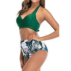Womens Vintage Bikini Swimsuits Modest Knot Halter Criss Cross Back Push Up Bra Tops Beach Wear Swim 2 Pieces Bathing Suits (Green Leaves,L)
