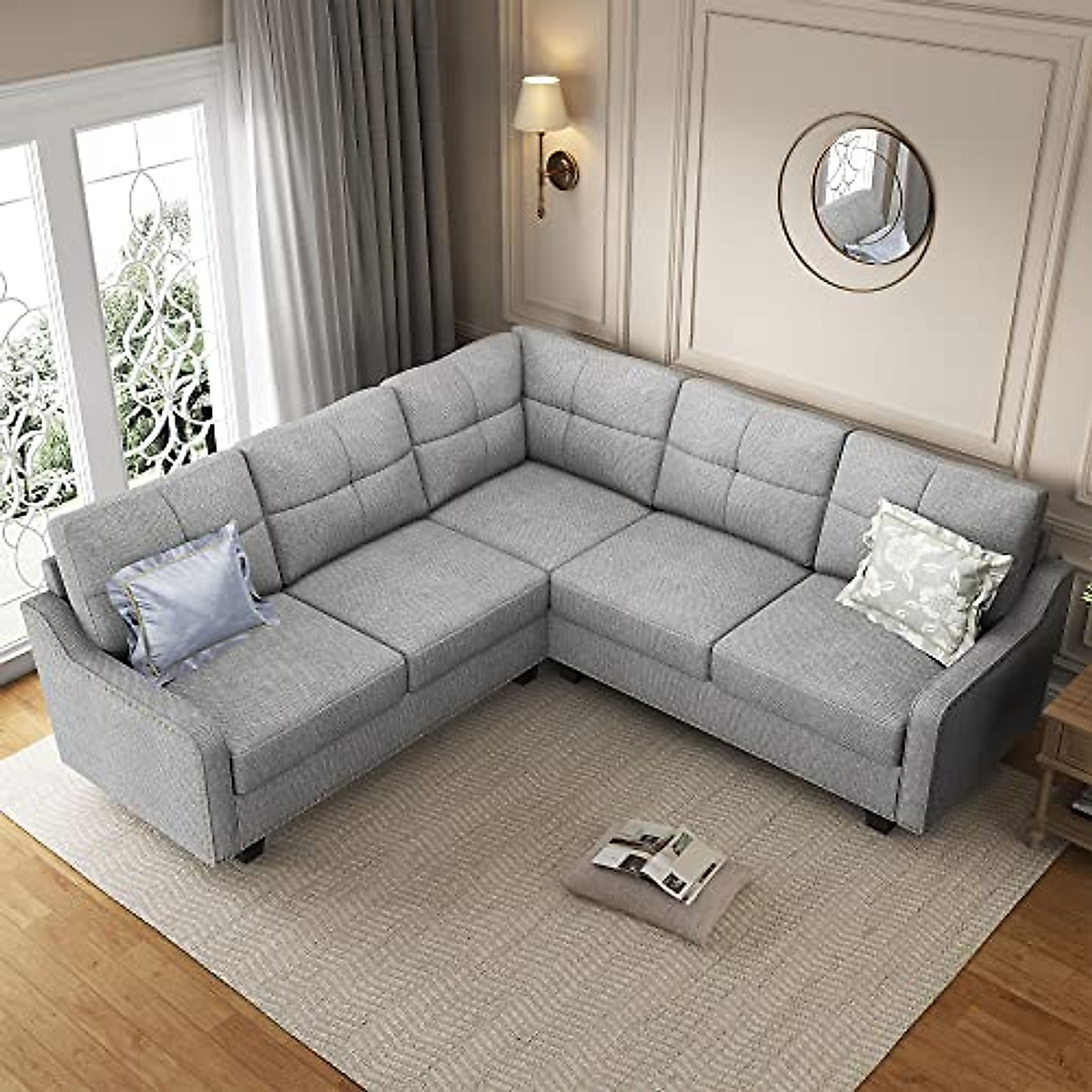 HONBAY Convertible Sectional Sofa, L Shaped Couch, Reversible 4 Seat Corner Sofa for Small Apartment,Light Grey, 82.7/''D x 82.7/''W x 36.2/''H