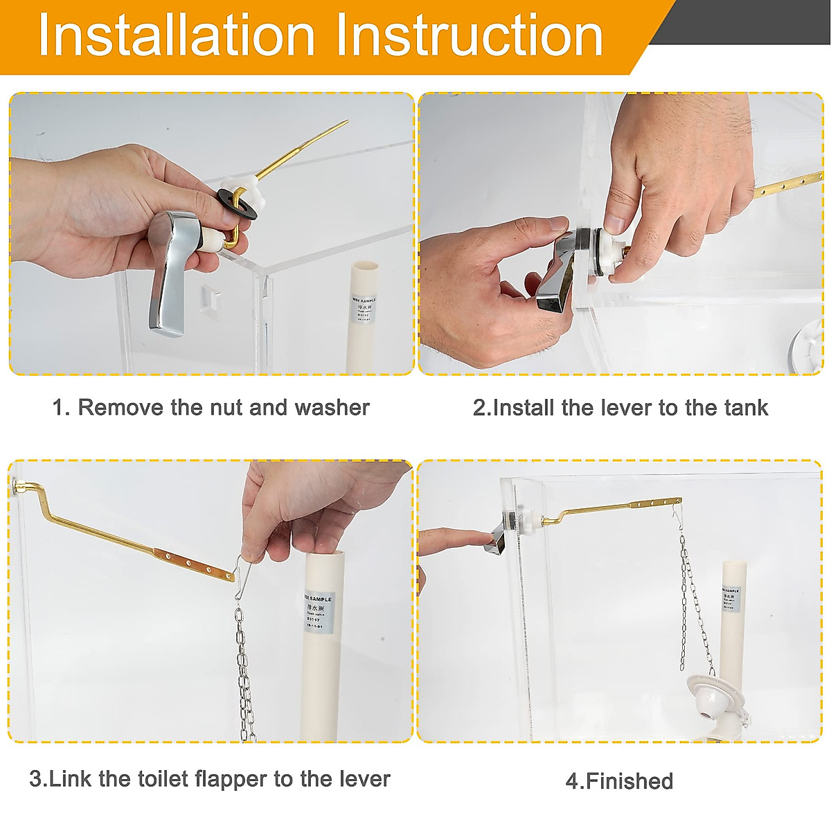 Hibbent Universal Side Mount Toilet Handle Replacement, Tank Flush Lever Replacement Handle with Stainless Steel Flapper Chains, Toilet Repair Handle, Chrome Finish