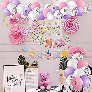 Pink Purple White Latex Balloons with 3D Butterfly, 62pcs 12 Inch Light Pink Purple Balloons with Ribbon for Girl Birthday Decorations (PinkSilver)