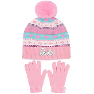 Barbie Hat and Gloves Kids Girls Pink Logo Knitted Pom Winter Beanie