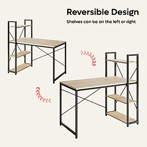 Bestier 47 Inch Computer Desk with Adjustable Shelves, Simple Writing Desk with Reversible Bookshelf and Metal Legs for Home Office and Studio, Oak