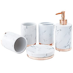 MyGift 5 Piece Modern White Ceramic Bathroom Accessory Set with Marbled Design and Rose Gold Accents, Includes Lotion Pump Dispenser, Toothbrush Holder, Tumbler and Soap Dish