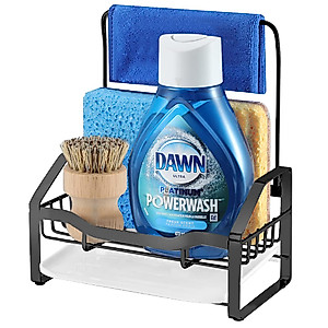 Kitchen Sink Caddy Sponge Holder, Stainless Steel Kitchen Organizer Soap Brush Dispenser with Auto Drain Panel,Countertop Wall Mount Soap Dish Rack Drainer Rag Holder (Black)