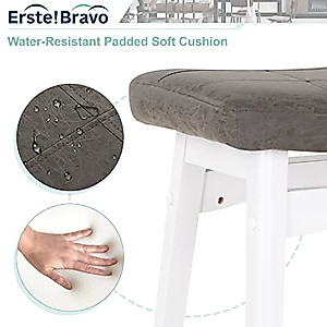 Erste!Bravo White Solid Wood Bar Stools Set of 2 for Kitchen Counter Height Barstools with Faux Leather Saddle Seat Farmhouse Upholstered Stools for 34"-38" Counter Island, Grey Cushion & White Legs