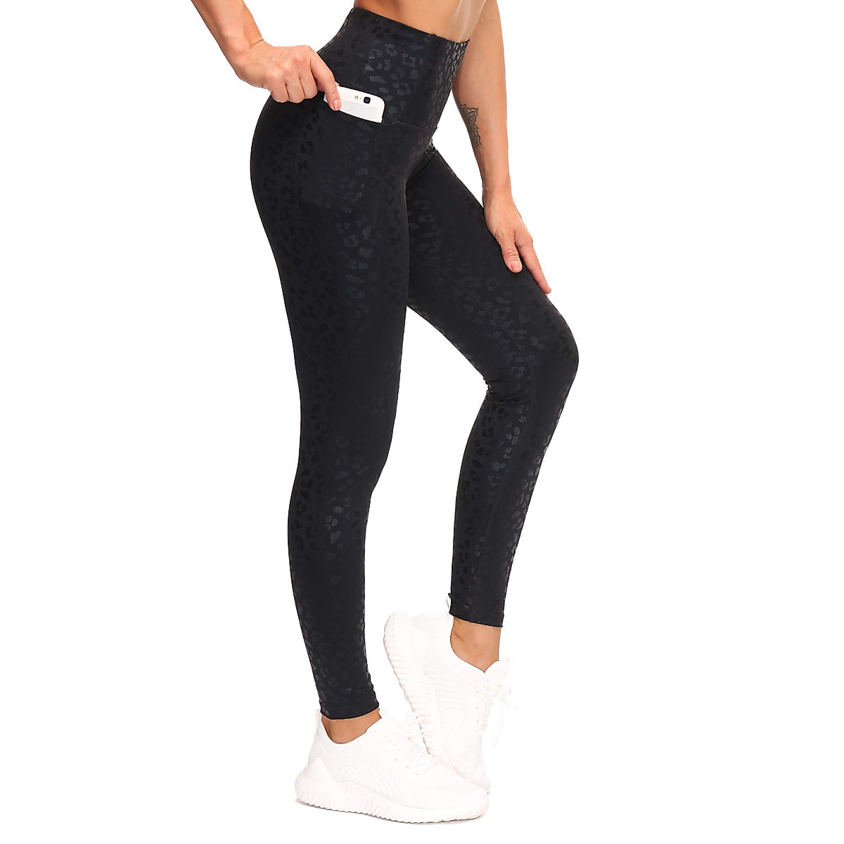 THE GYM PEOPLE Tummy Control Workout Leggings with Pockets High Waist Athletic Yoga Pants for Women Running, Fitness (Black Leopard, X-Large)