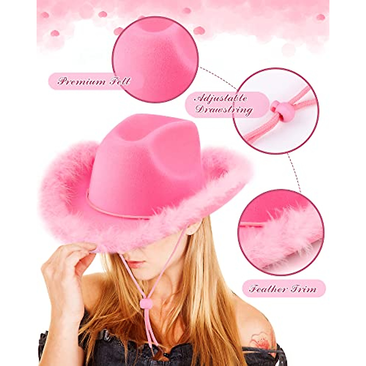 Jecery 24 Pieces Pink Cowboy Cowgirl Hat Bulk with Feather Boa for Women Girl Wedding Bachelorette Birthday West Party Costume Accessories