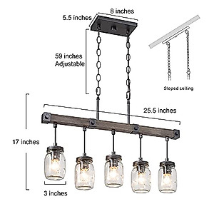 Mason Jar Chandelier, 5-Light Farmhouse Chandelier for Dining Room, 25.5" Rustic Island Lighting with Clear Glass Globes